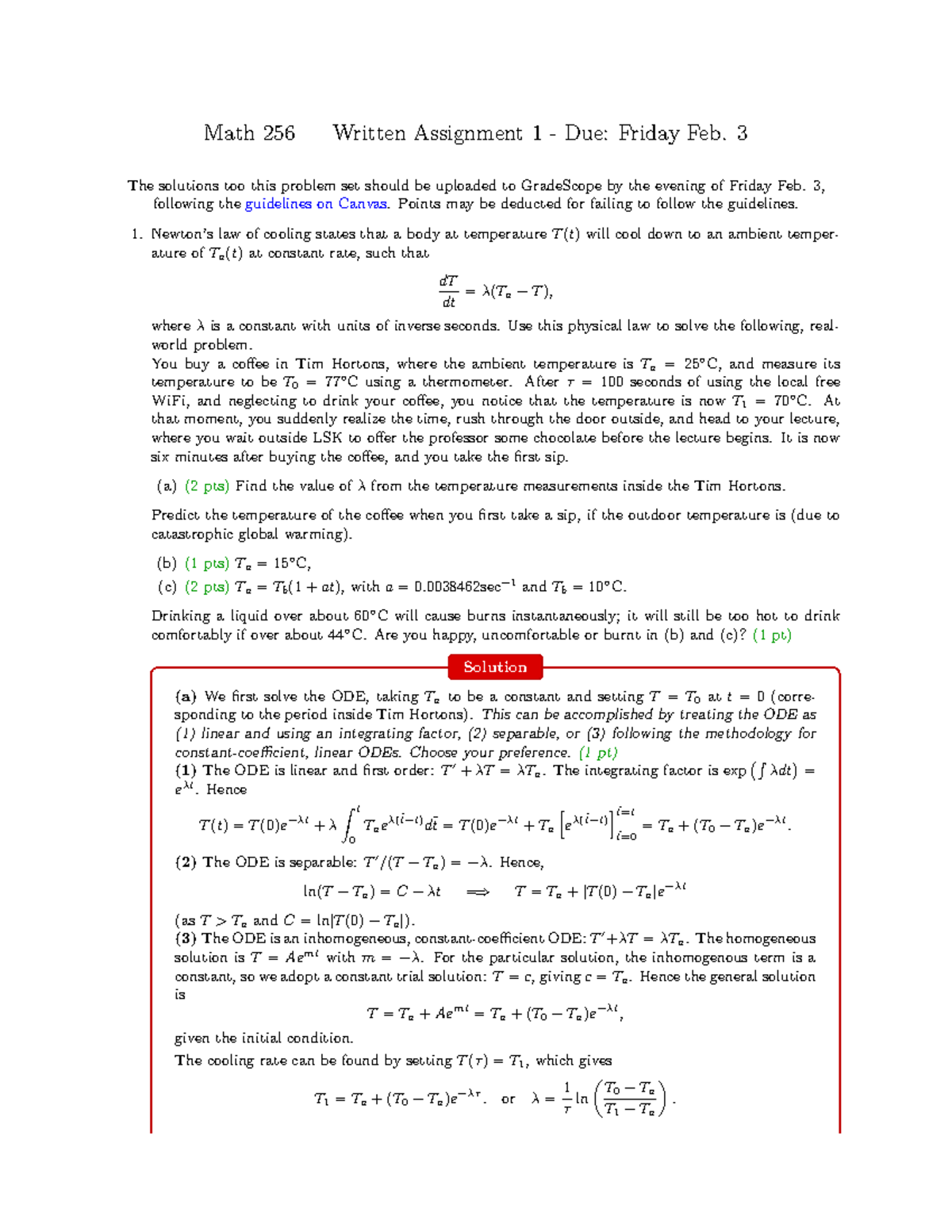 Solutions To Written Homework 1 For Math 256 Math 256 Written Assignment 1 Due Friday Feb