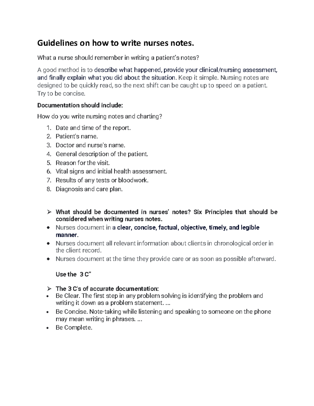 Nurses notes guidelines on how to document findings - Guidelines on how ...