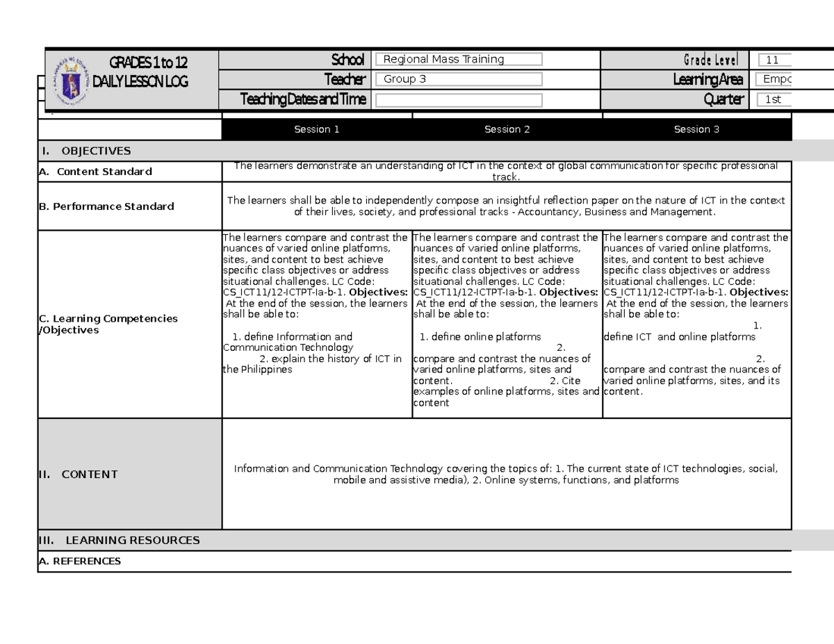 Daily Lesson Log - Session 1 Session 2 Session 3 I. OBJECTIVES A ...