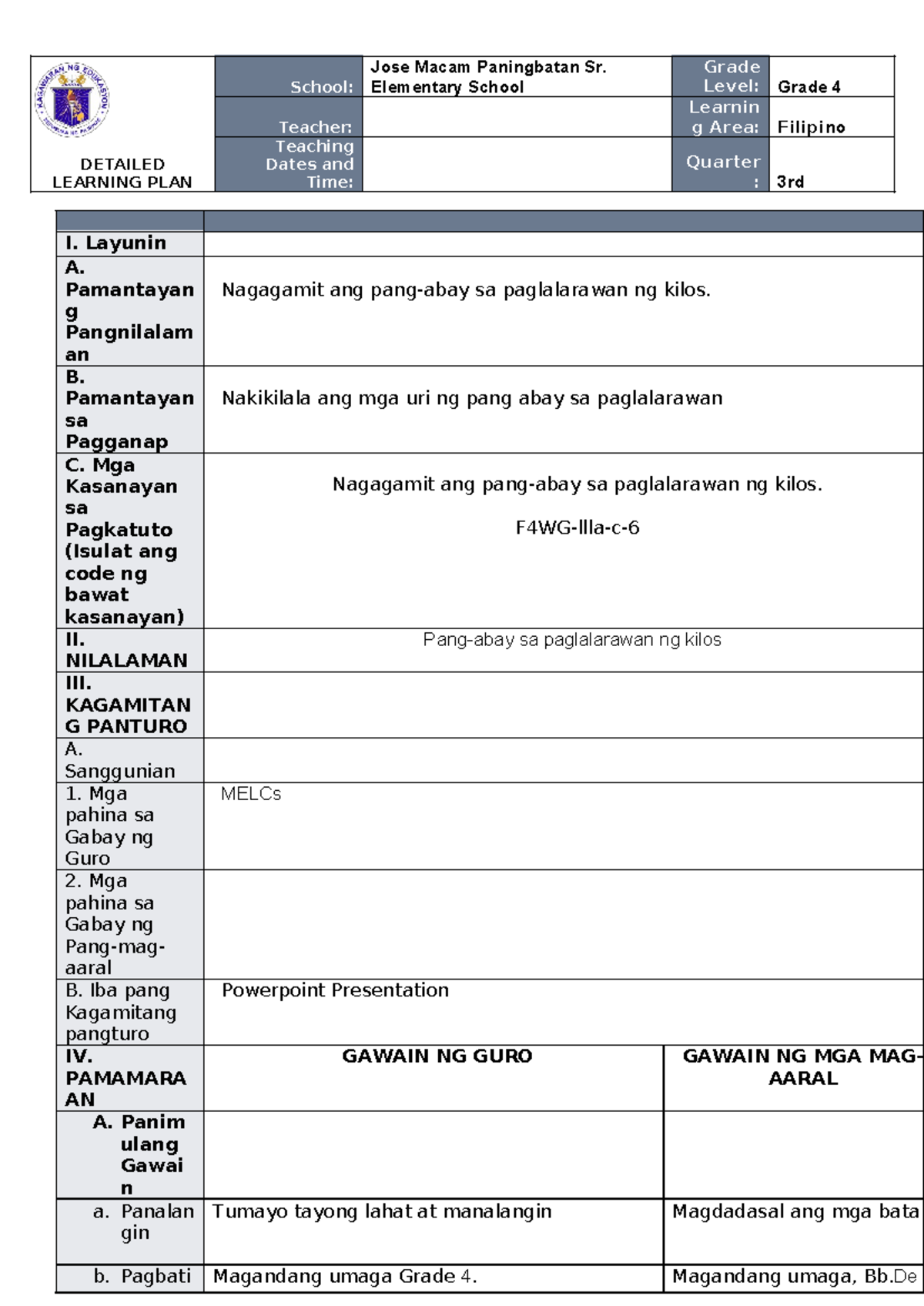Sanhi AT Bunga Grade 5 Lesson PLAN DEMO - DETAILED LEARNING PLAN School ...