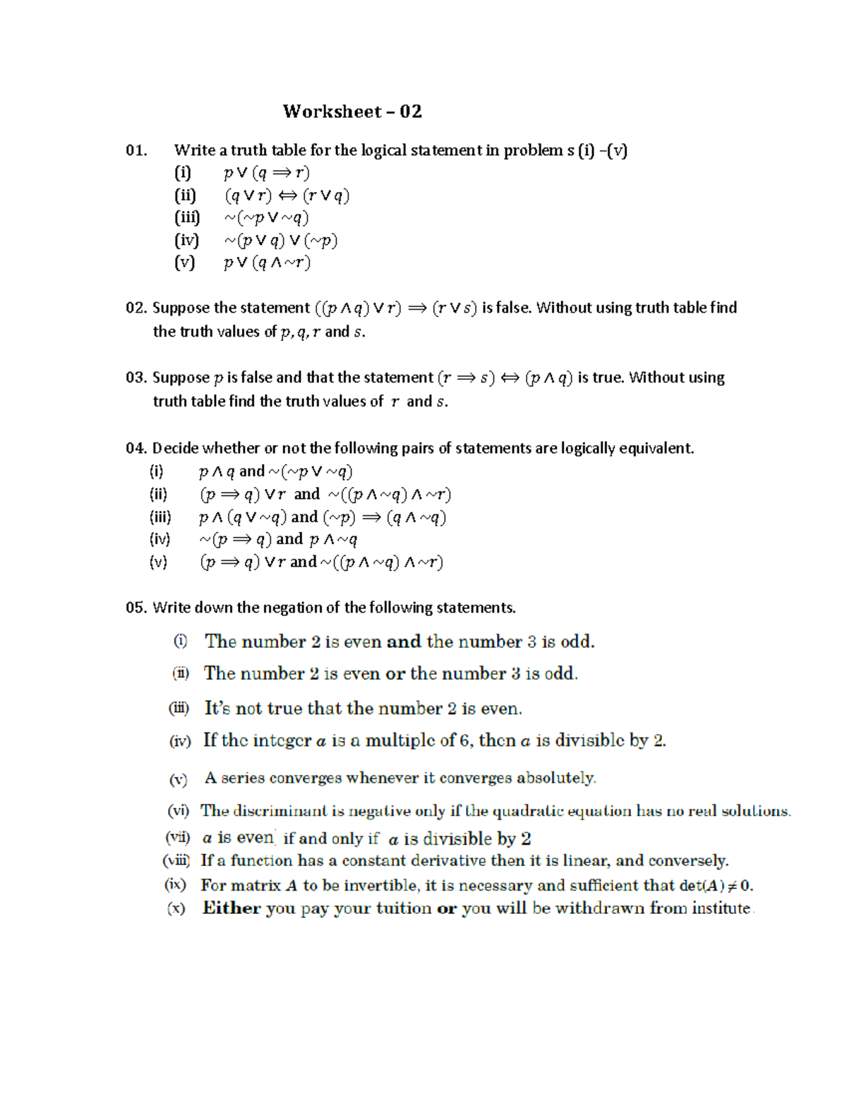 Worksheet 2 - basic logic - Worksheet – 02 Write a truth table for the ...