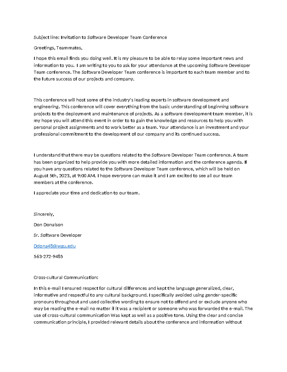 Software Developer Team Conference - Subject line: Invitation to ...