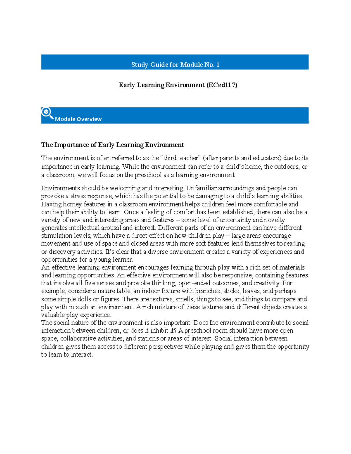 Study Guide for Module No 1 Nov 10, 2022 - Study Guide for Module No. 1 Early Learning ...