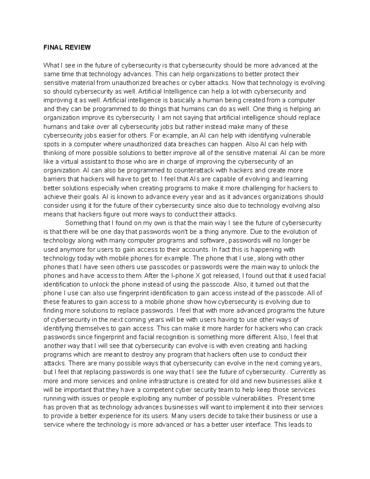 CYB 1100 Final Review 30 - FINAL REVIEW What I see in the future of ...