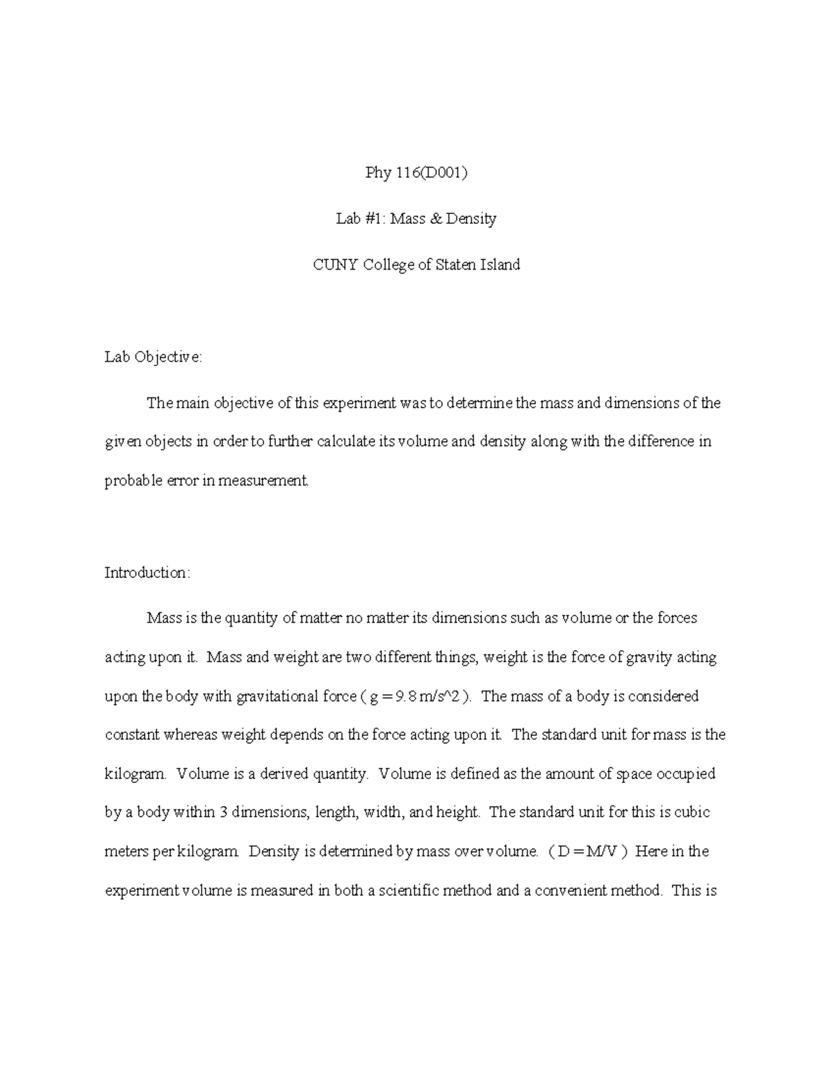 Physics Lab 1 Mass & Density - Phy 116(D001) Lab #1: Mass & Density ...