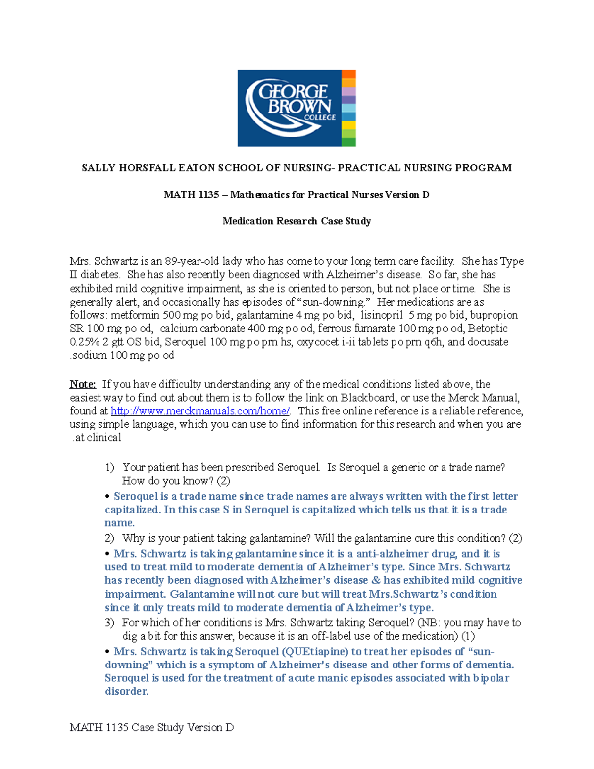 Math 1135 Case Study - SALLY HORSFALL EATON SCHOOL OF NURSING ...