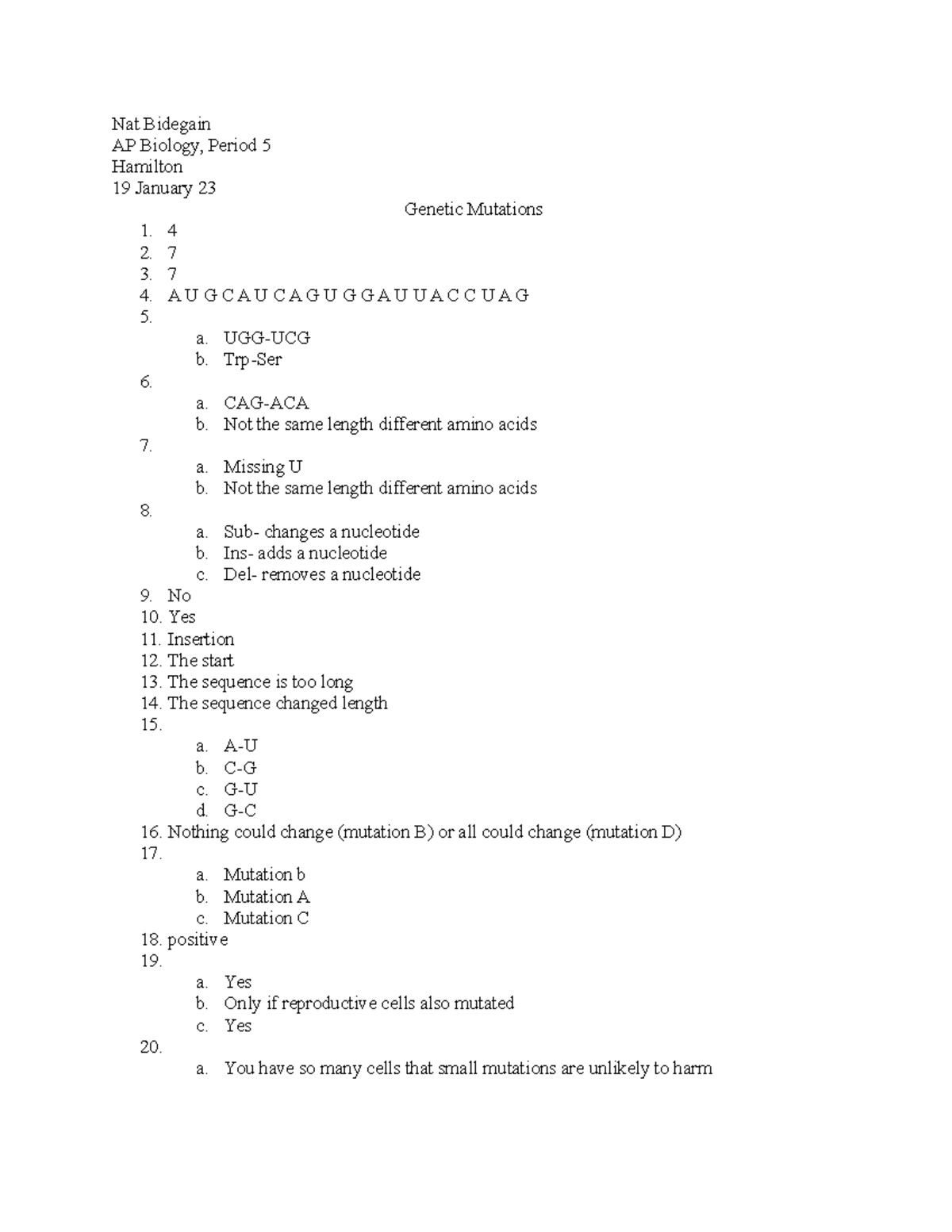 01.19.23 - Genetic Mutations - Nat Bidegain AP Biology, Period 5 ...
