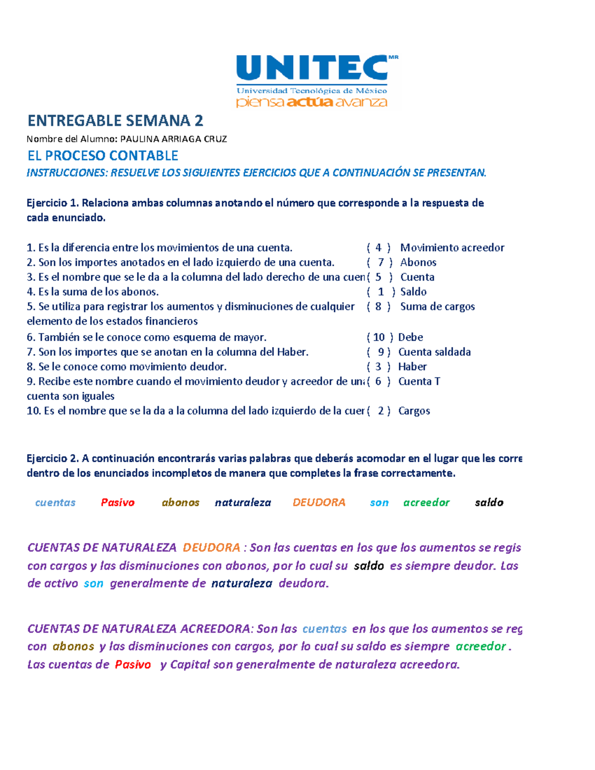 Entregable 1 pdf - ENTREGABLE SEMANA 2 EL PROCESO CONTABLE INSTRUCCIONES: RESUELVE LOS ...