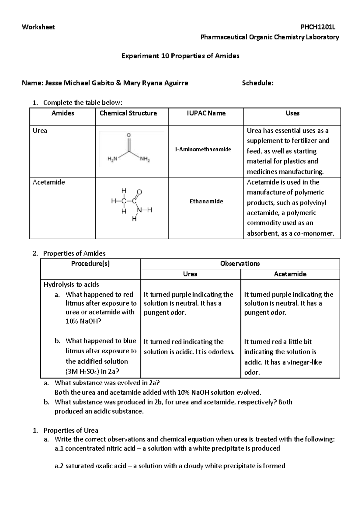 Worksheet Experiment 10 Amides - Worksheet PHCH1201L Pharmaceutical ...