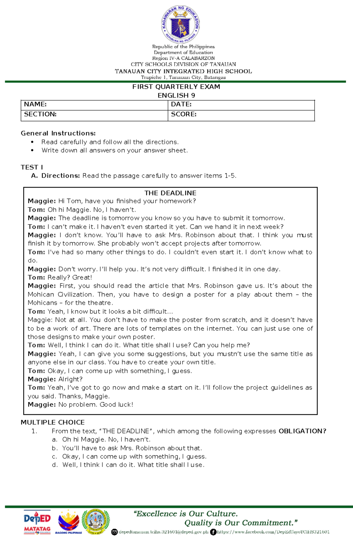 ENG9 Q1 EXAM SY24-25 - research - FIRST QUARTERLY EXAM ENGLISH 9 NAME ...