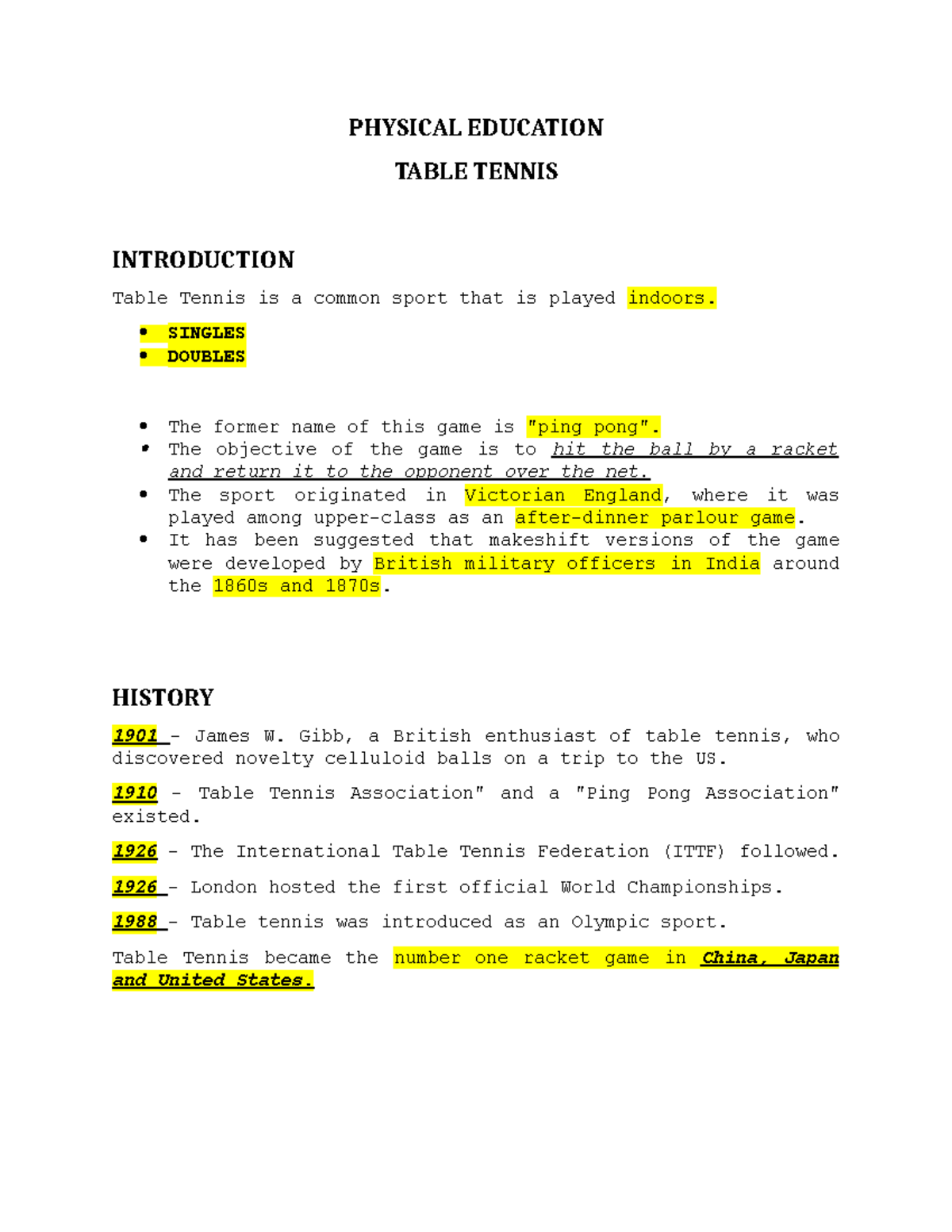Finals Physical Education - PHYSICAL EDUCATION TABLE TENNIS ...