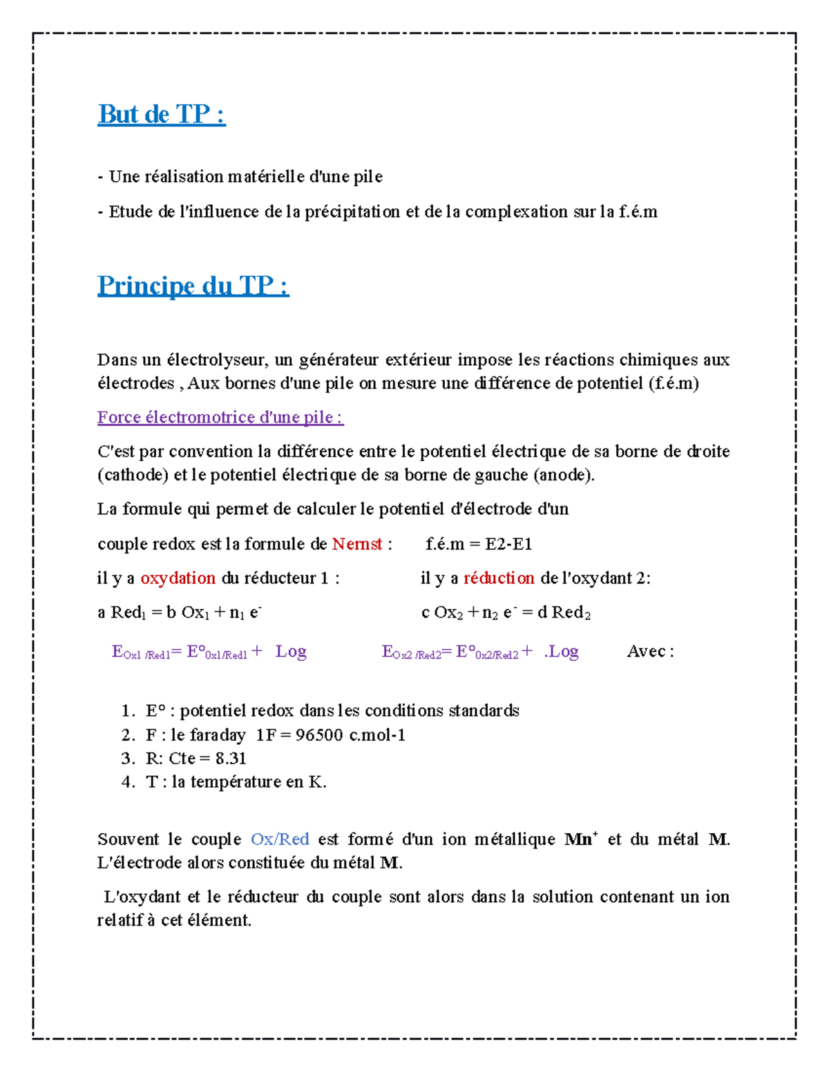 Tp electro - But de TP : Une réalisation matérielle d'une pile Etude de l'influence de la - Studocu