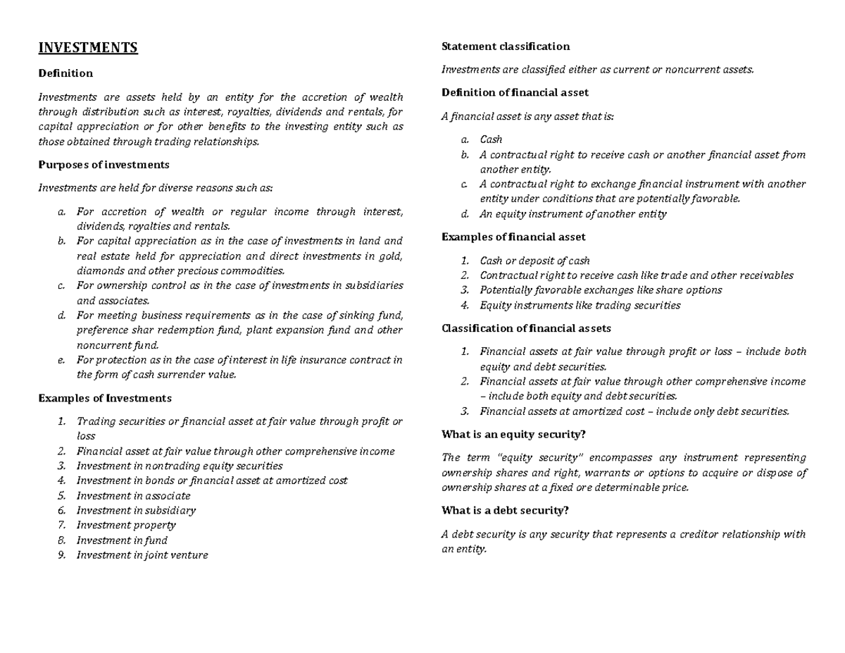 I. Financial Assets - FVPL - INVESTMENTS Definition Investments are ...