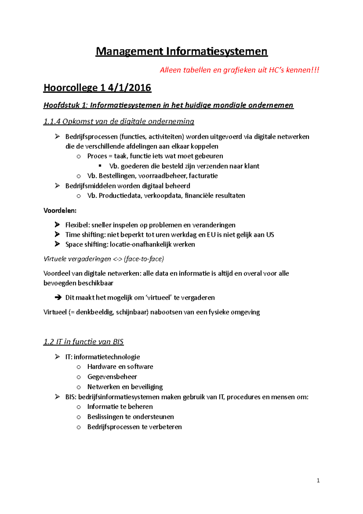 Management Informatiesystemen - 1 Opkomst van de digitale onderneming ...