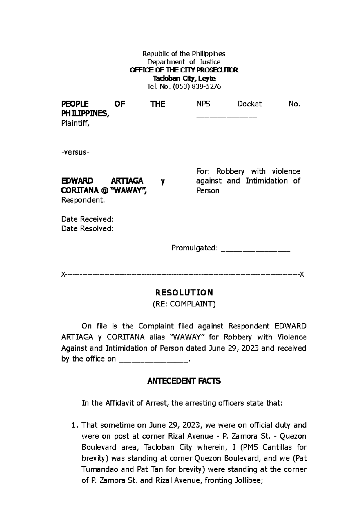 Resolution - Republic of the Philippines Department of Justice OFFICE ...