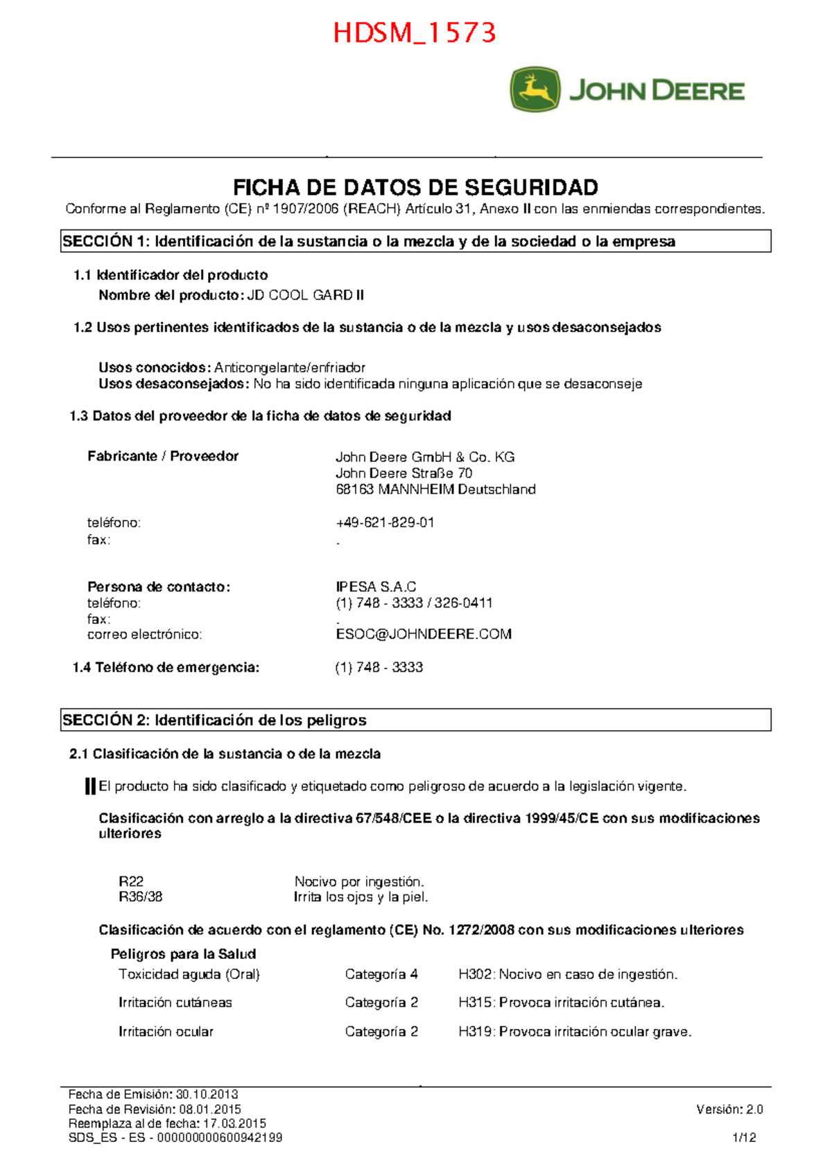 HDSM 1573 JD COOL GARD II 17.03.2015 hoja de seguridad anticongelante ...