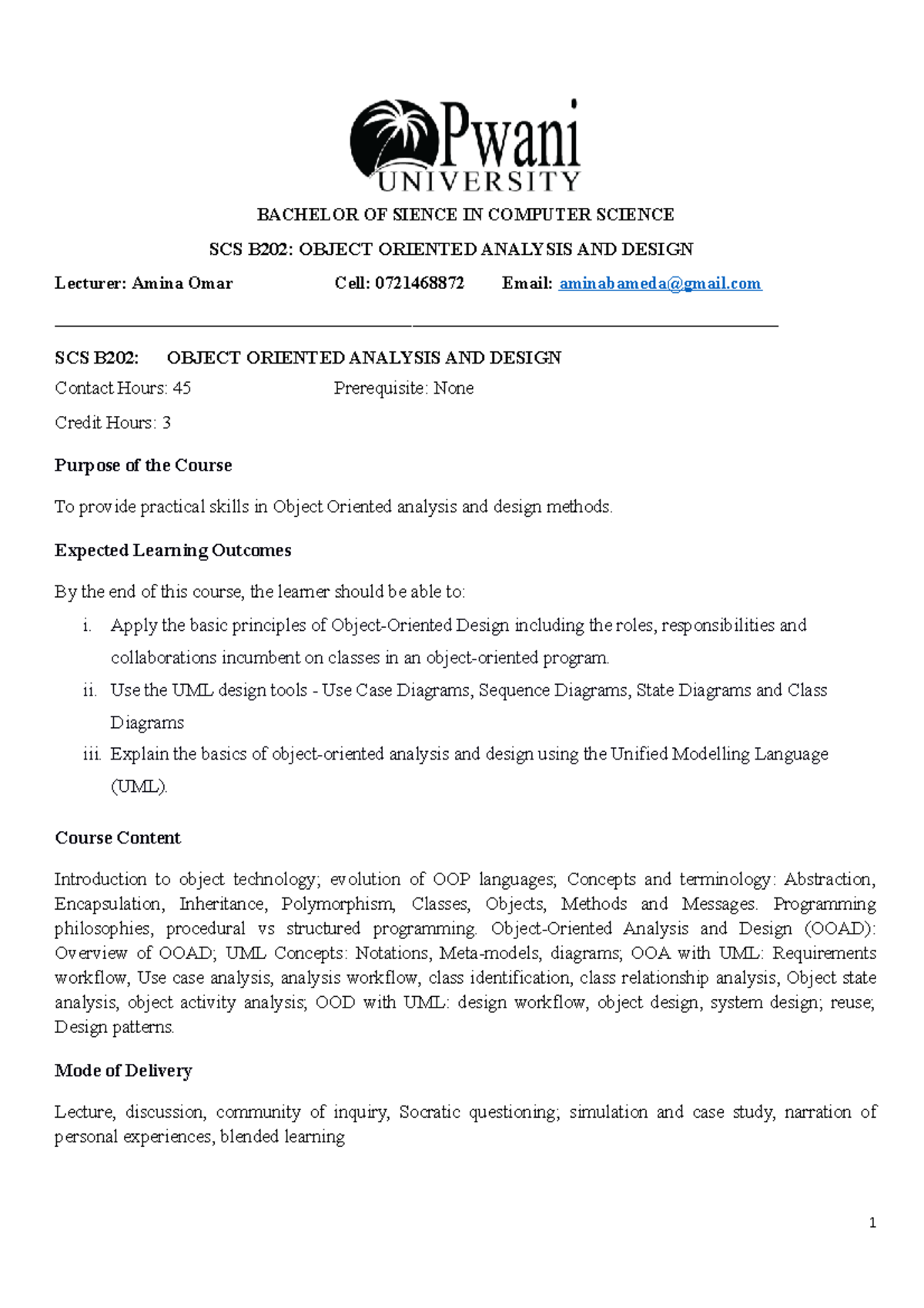 Ooad Complete Notes Bachelor Of Sience In Computer Science Scs B202 Object Oriented Analysis 
