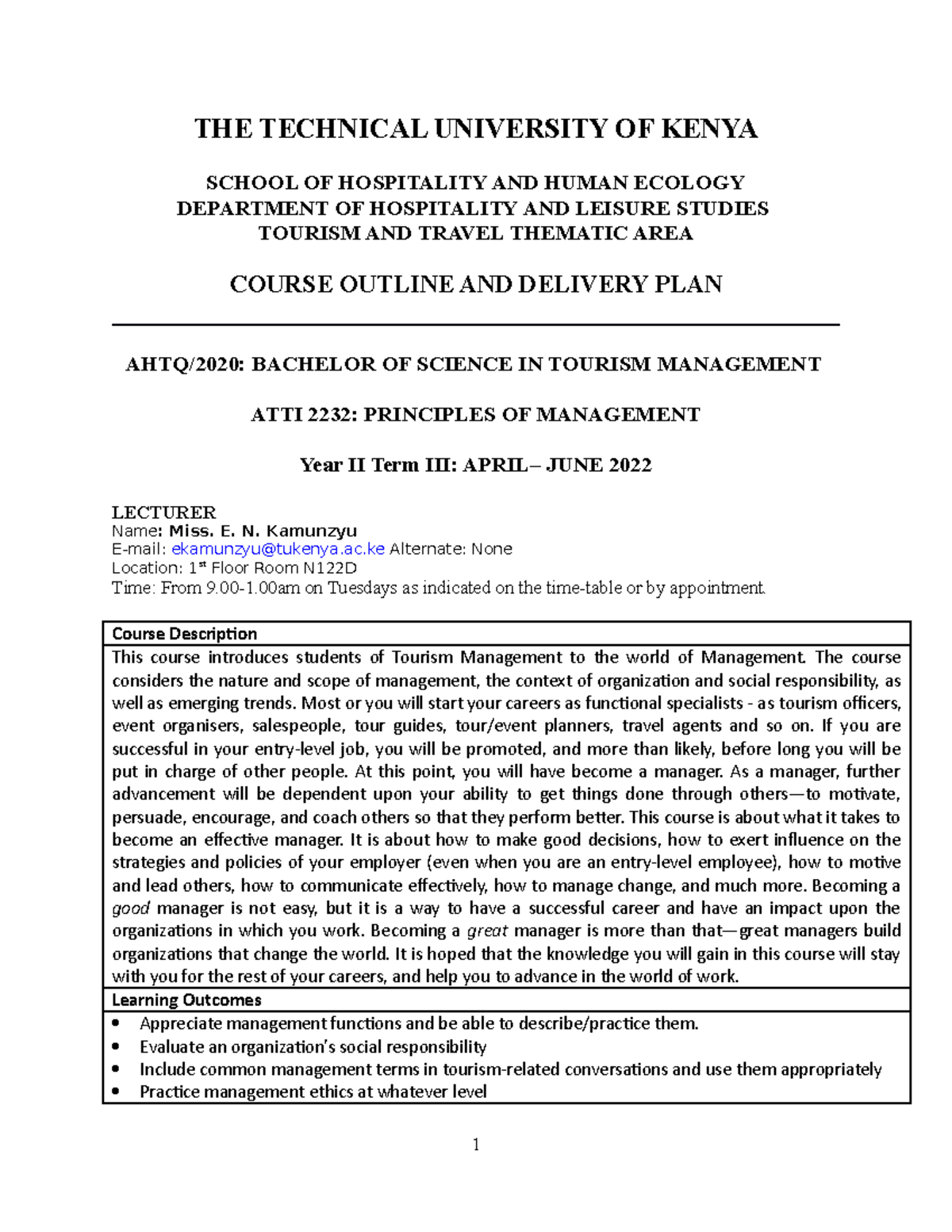 Couse outline- Principles OF Management - B - THE TECHNICAL UNIVERSITY ...