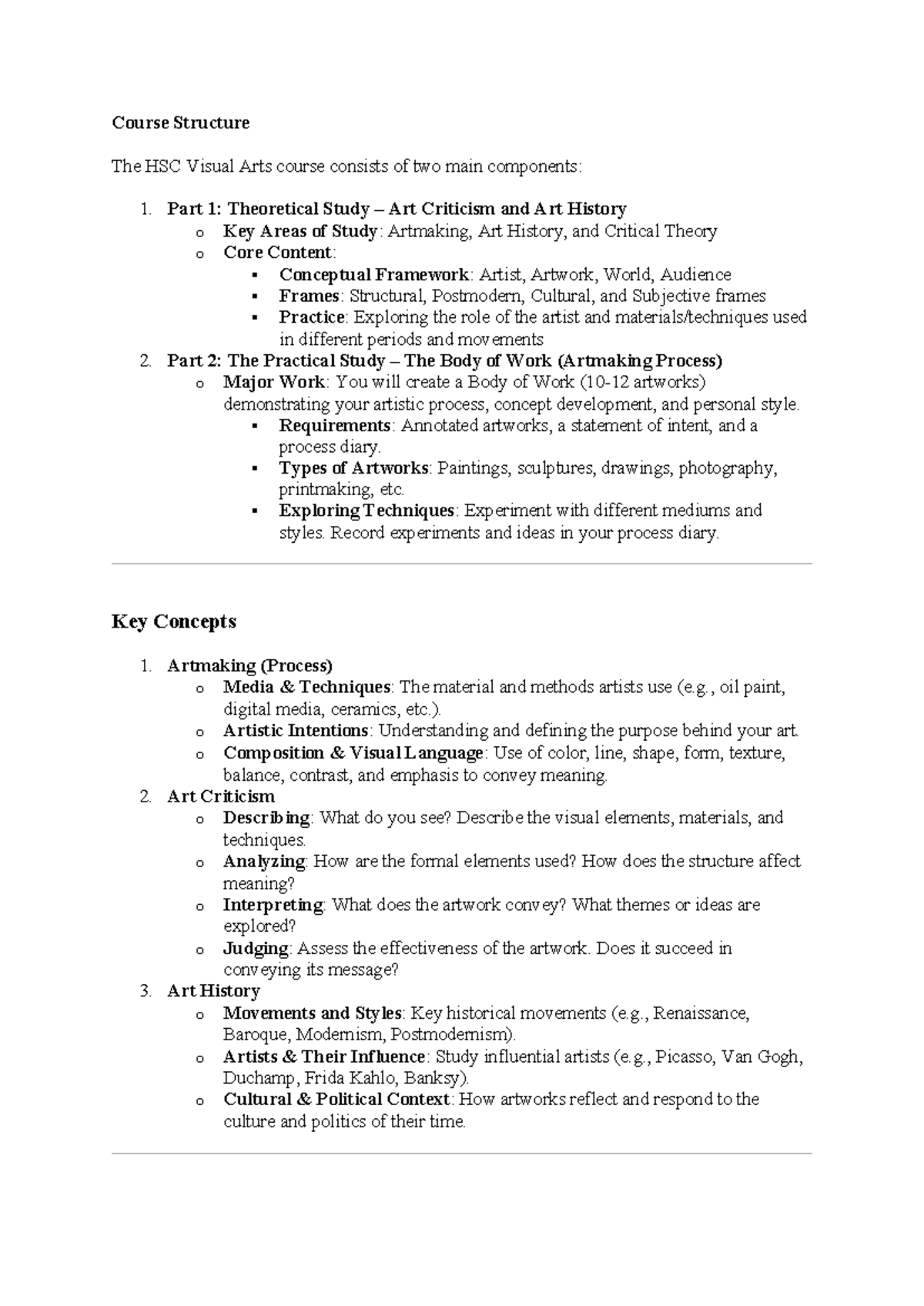 Visual arts summary sheet - Course Structure The HSC Visual Arts course ...