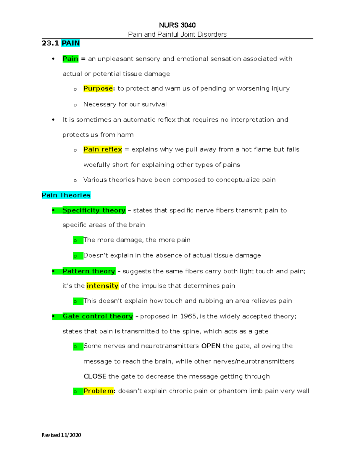 23.1 Pain student outline - Pain and Painful Joint Disorders 23 PAIN ...