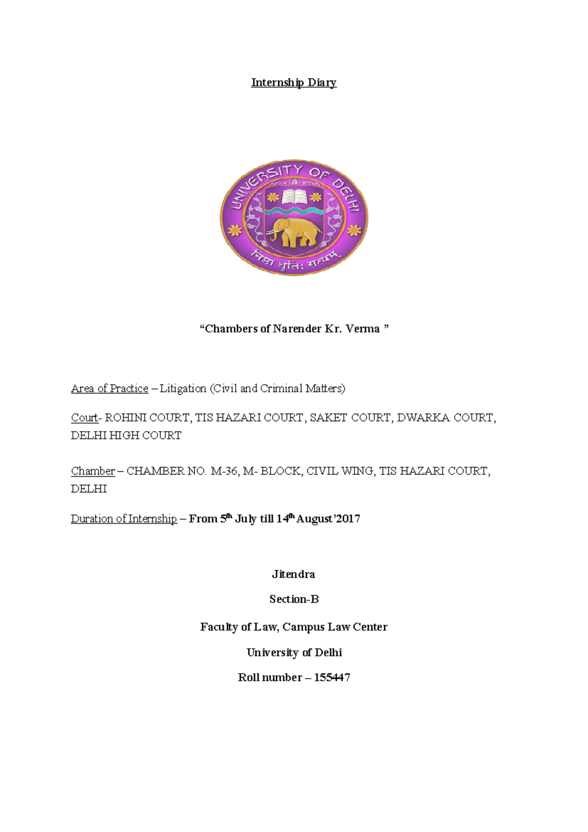 Internship Diary jitu - Internship Diary “Chambers of Narender Kr ...