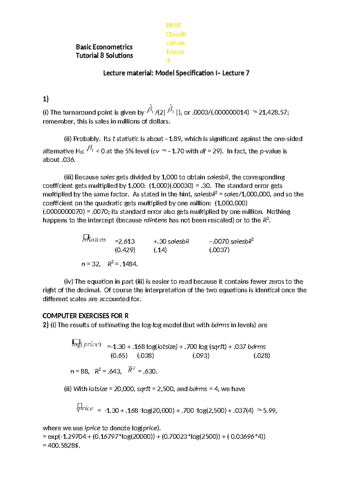 Basic Econometrics Tutorial 8 Solutions Rmit Classifi Cation Truste D Basic Econometrics