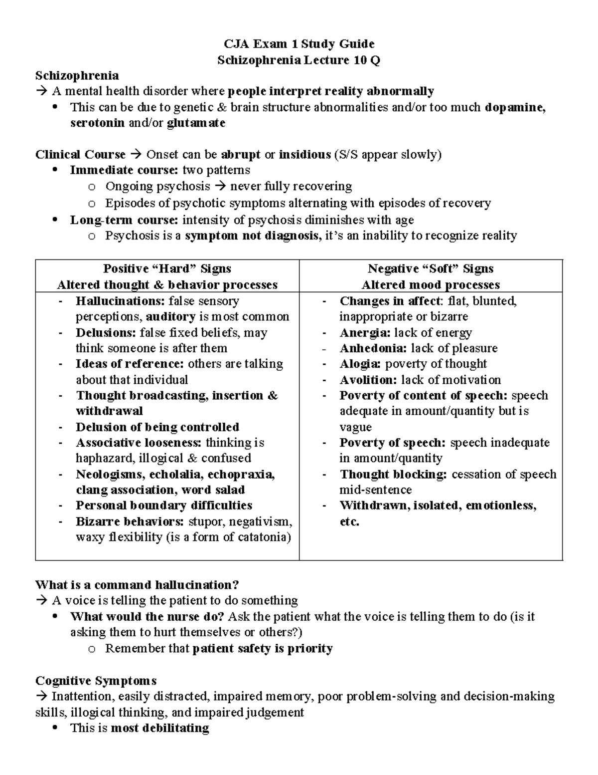 CJA Exam 1 Study Guide - CJA Exam 1 Study Guide Schizophrenia Lecture 10 Q Schizophrenia A ...