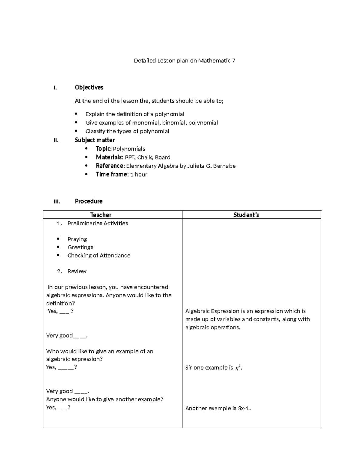 Polynomials DLP Grade 7 Mathematics - Detailed Lesson plan on ...