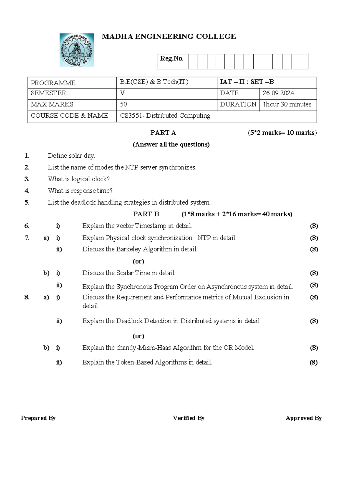 Distributed Computing IAT 2 set B - MADHA ENGINEERING COLLEGE PROGRAMME B(CSE) & B(IT) IAT – II ...