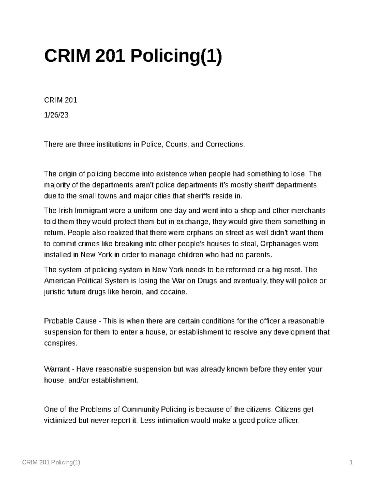 CRIM 201 Policing - CRIM 201 Policing(1) 1 CRIM 201 Policing(1) CRIM ...