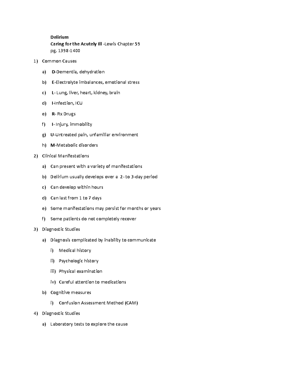 Delirium - Delirium Caring for the Acutely Ill -Lewis Chapter 59 pg ...