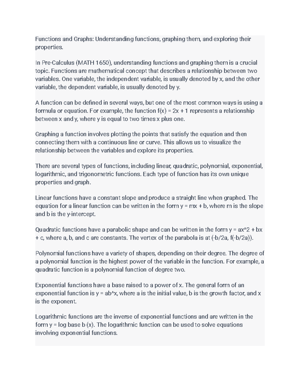 MATH 1650 Functions and Graphs Understanding functions, graphing them, and exploring their - Studocu