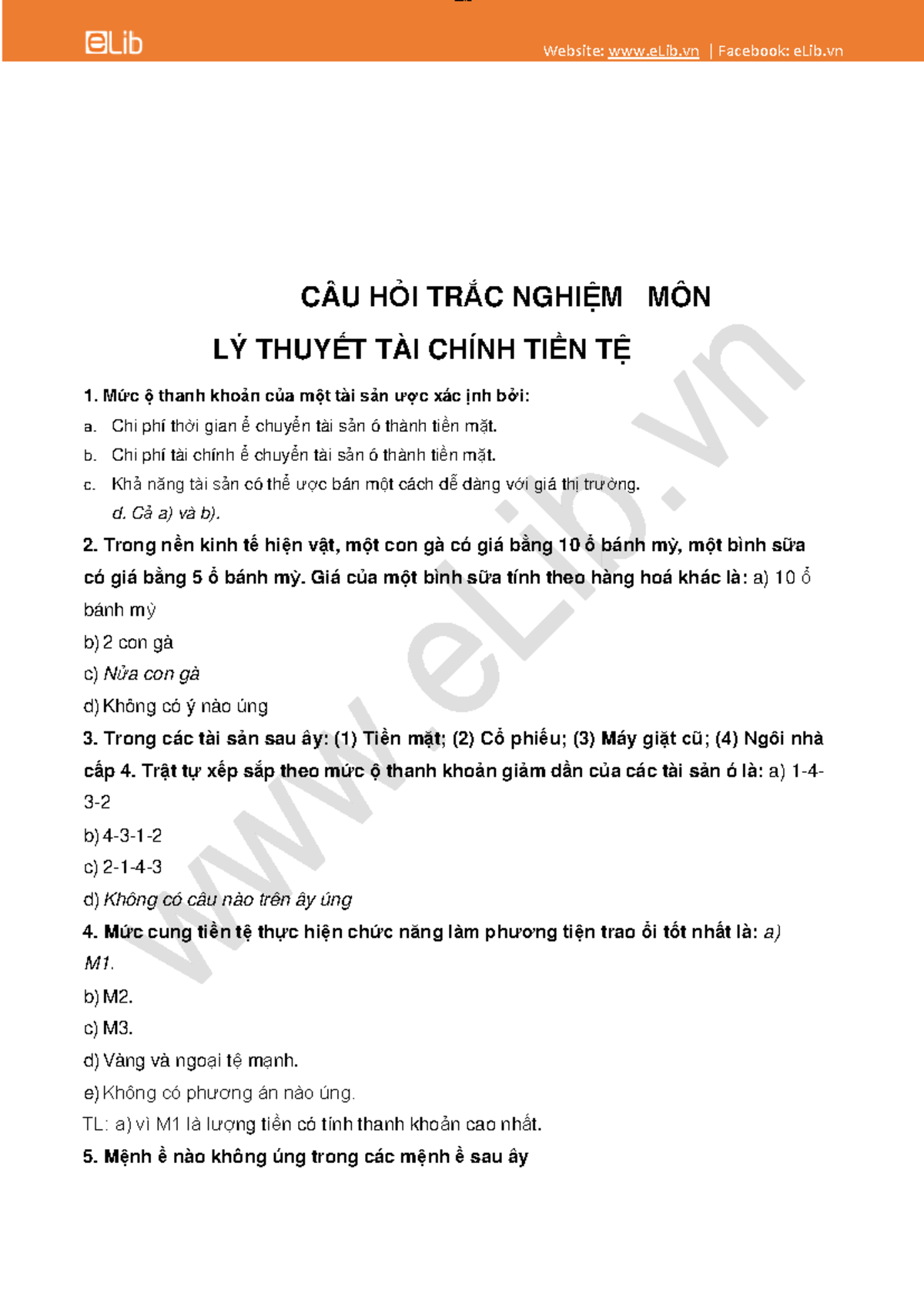 Trac nghiem mon ly thuyet tai chinh tien te 1167 - Website: eLib | Facebook: eLib CÂU HỎI TRẮC ...