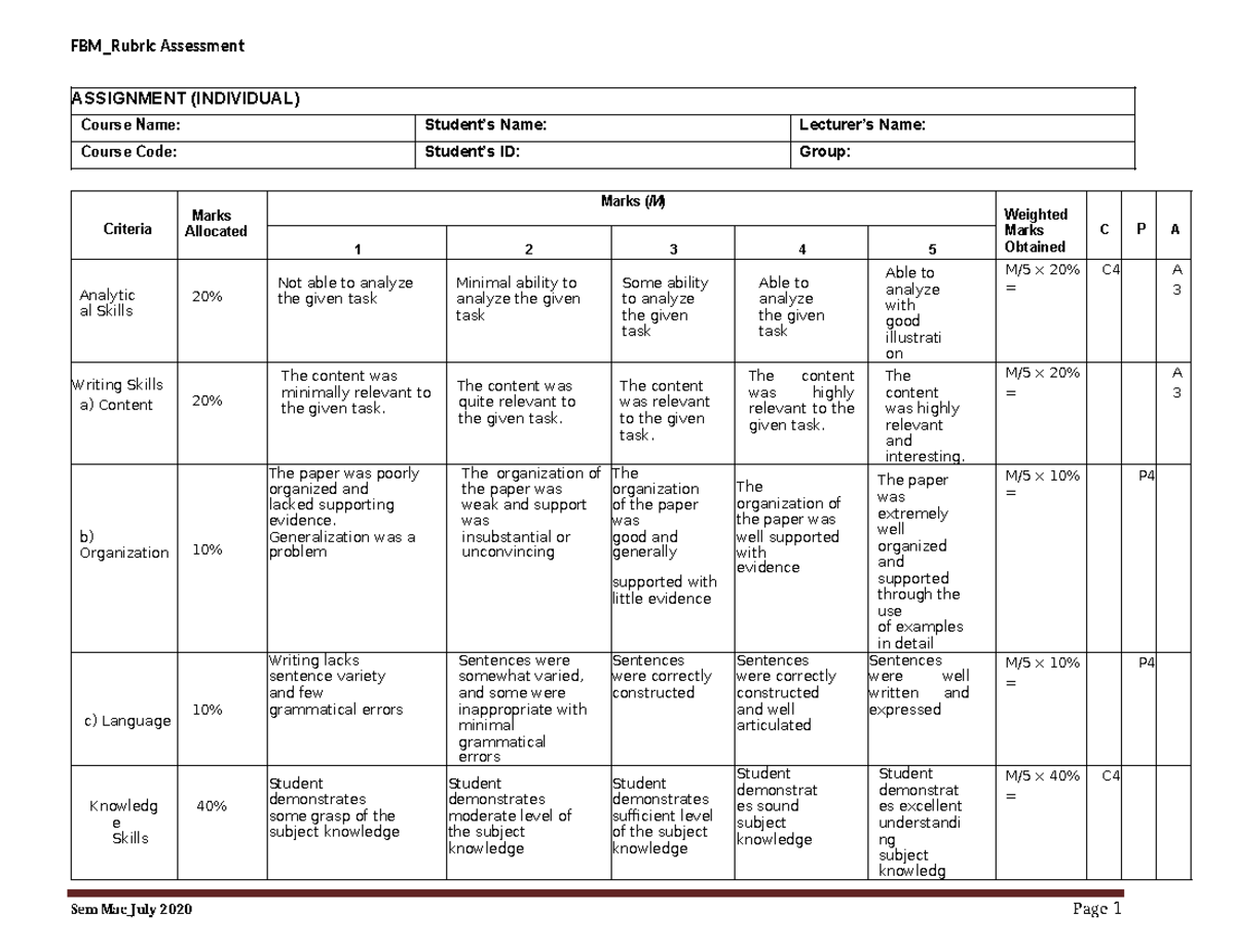 Rubric fpp uitm (vip) Semua - ASSIGNMENT (INDIVIDUAL) Course Name ...