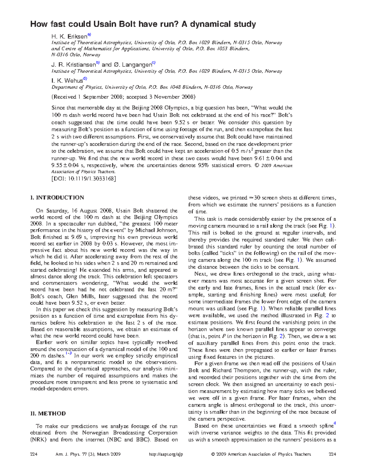 Eriksen 2009 Usain Bolt - How fast could Usain Bolt have run? A ...