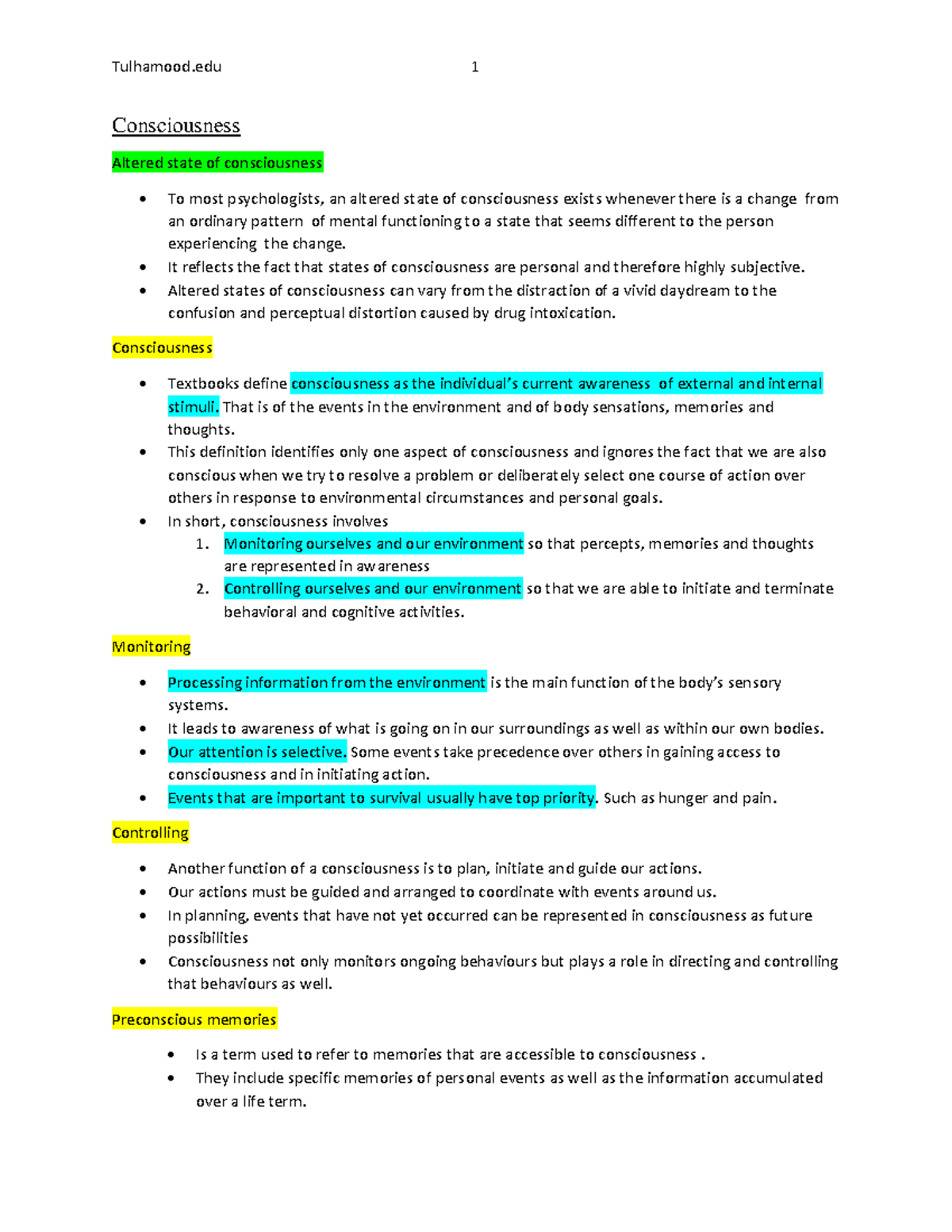 Consciousness chapter 6 - Tulhamood 1 Consciousness Altered state of ...