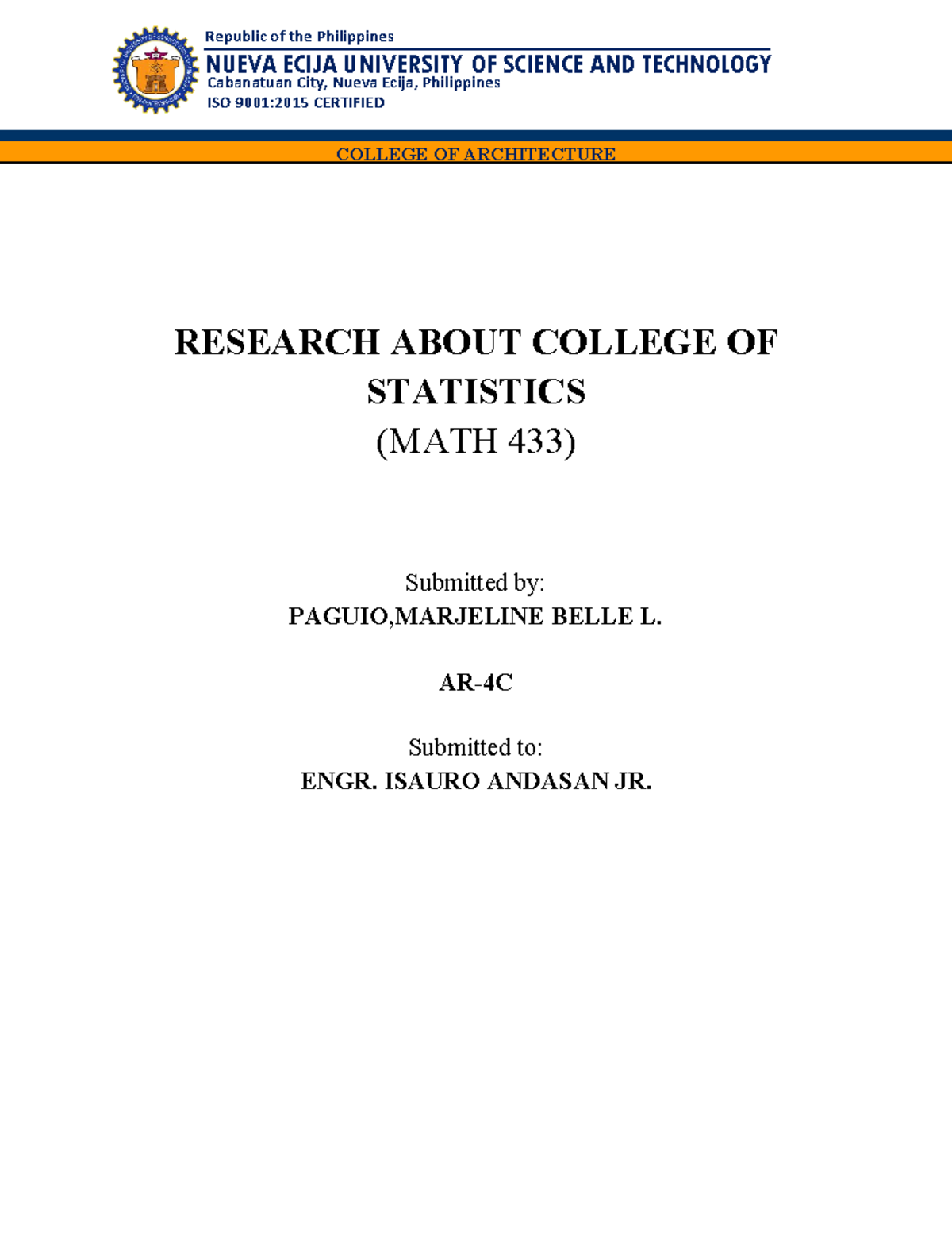 Research MATH433 - LECTURE EXAMPLE - Cabanatuan City, Nueva Ecija ...