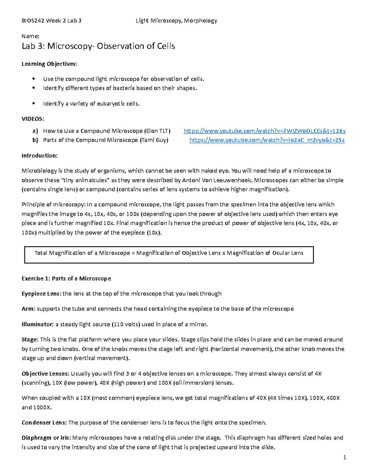 Week 2 labs 3 - lab assiignment - Name: Lab 3: Microscopy- Observation of Cells Learning ...