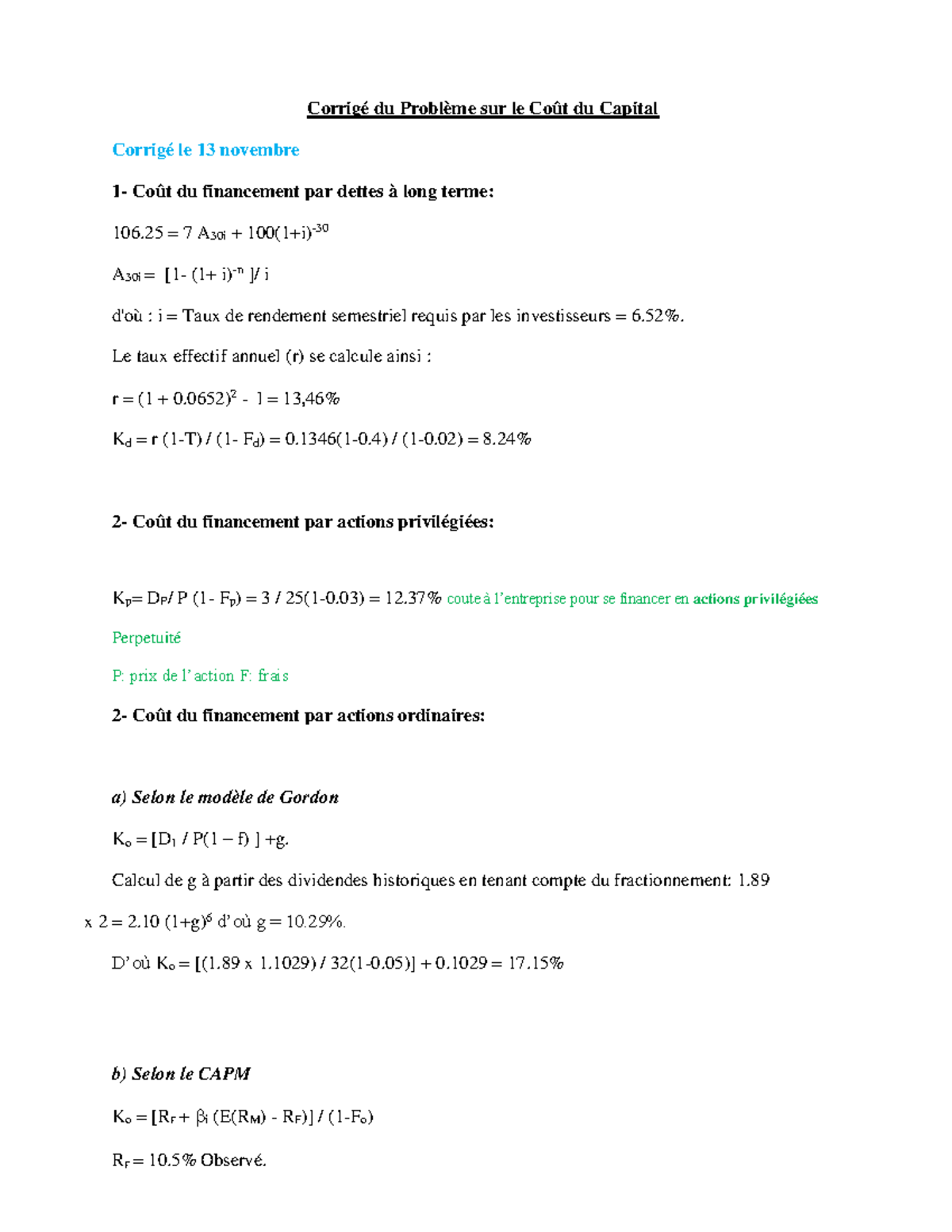 Corrigé Problème Coût Capital(1) - Corrigé du Problème sur le Coût du ...
