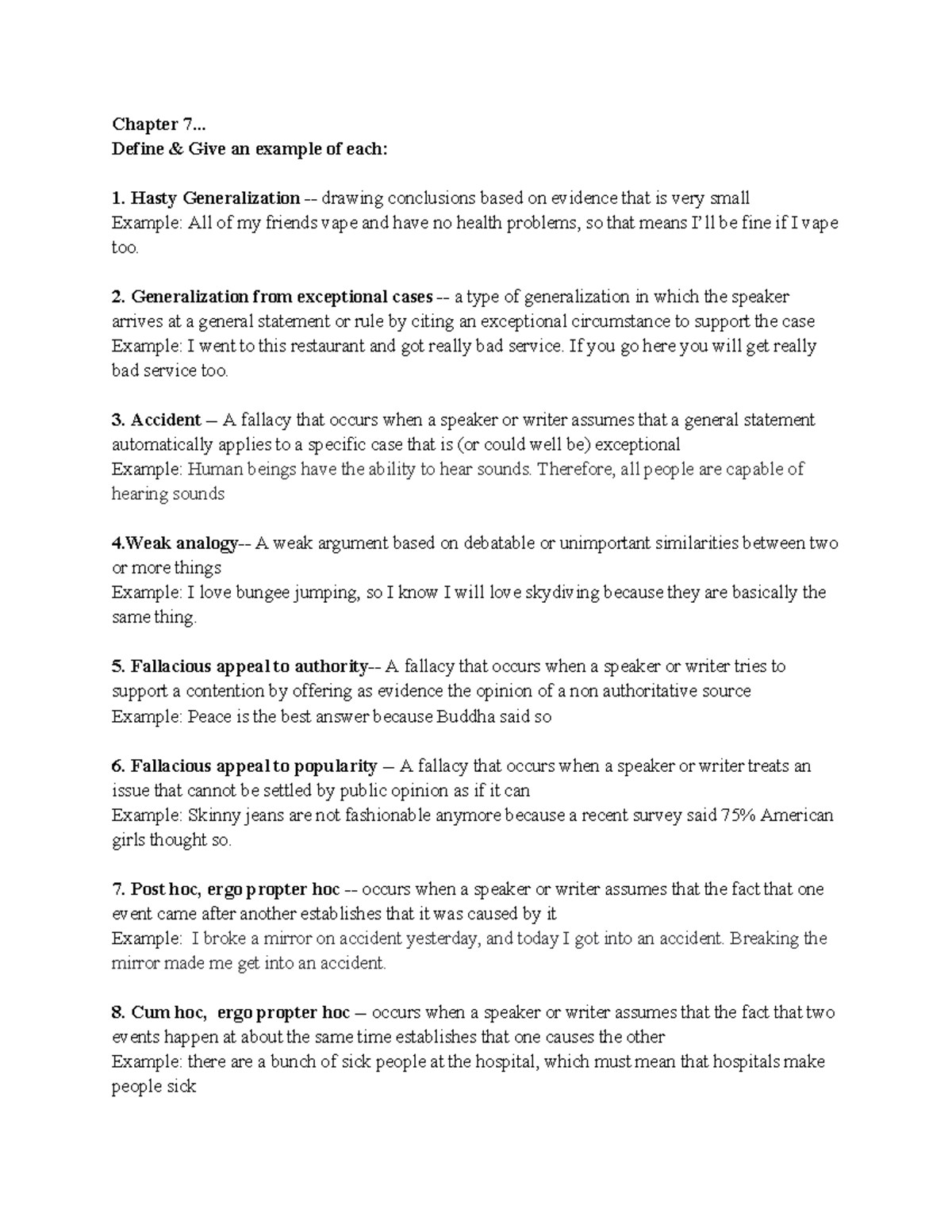 PHIL Final - Chapter 7... Define & Give an example of each: Hasty ...