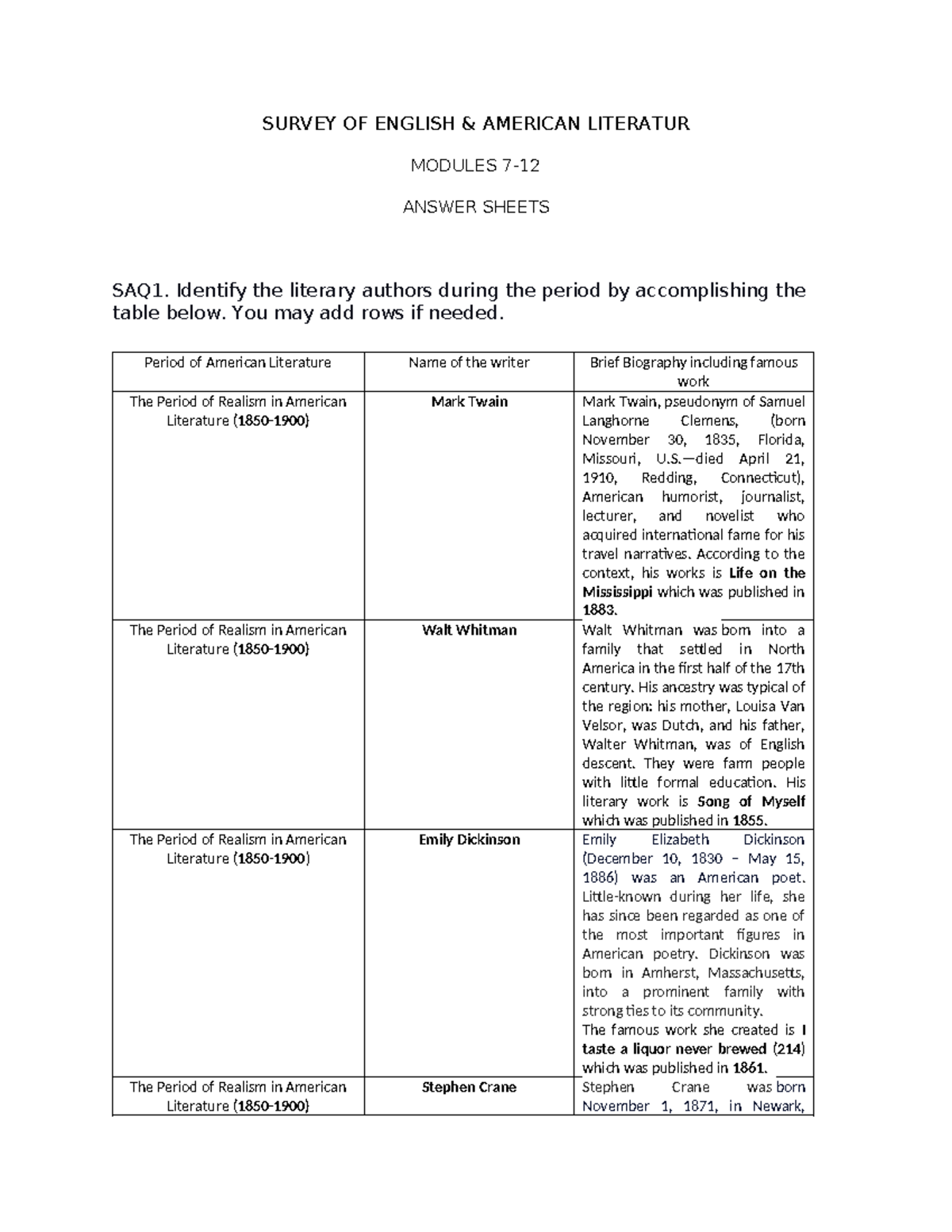 Cornel 3K- Ans in American Literature M 7-12 - SURVEY OF ENGLISH ...