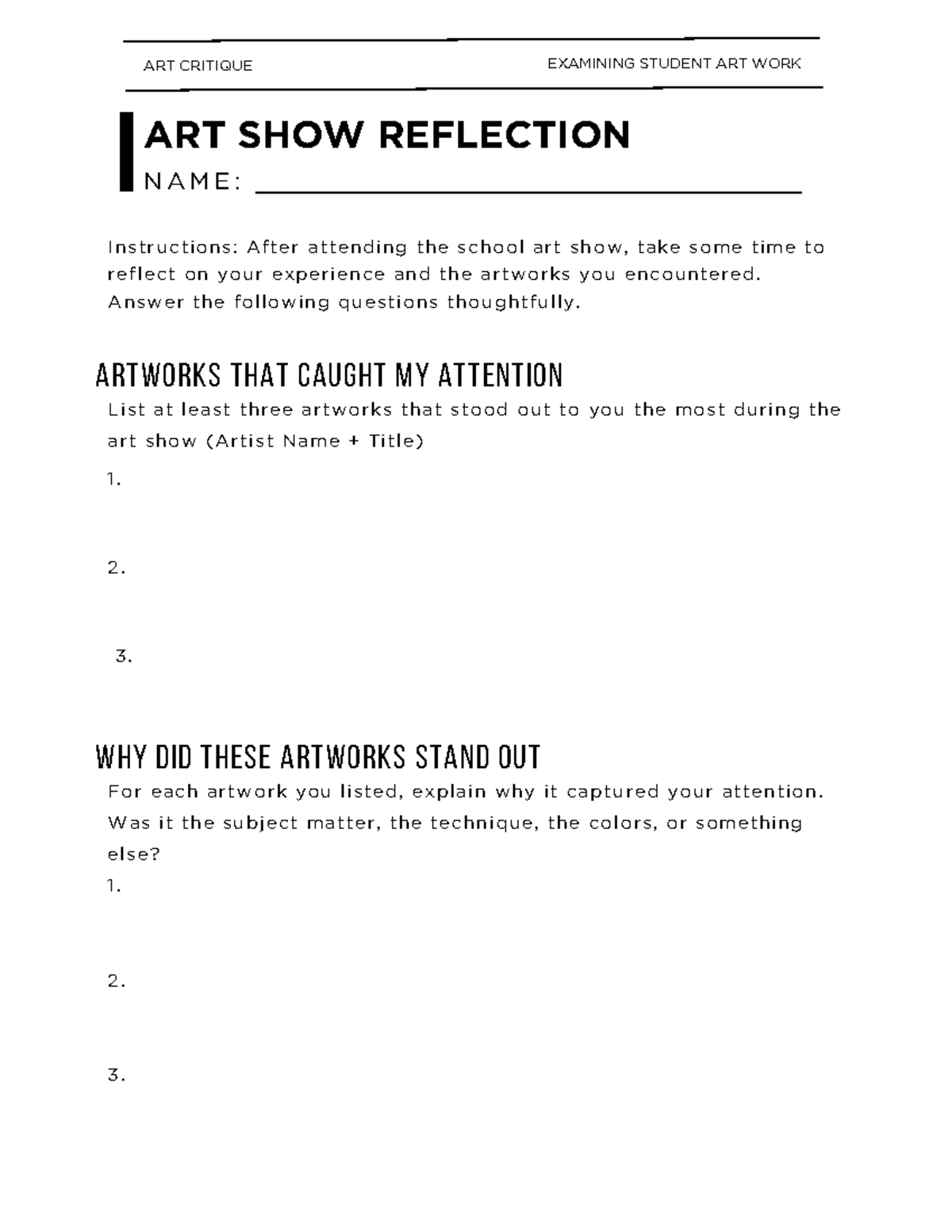 Art Show Worksheet - ART CRITIQUE EXAMINING STUDENT ART WORK N A M E ...