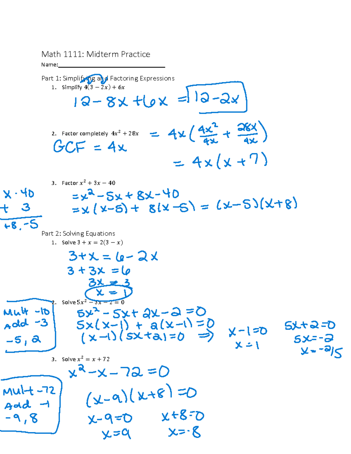 Midterm Practice Solutions - Math 1111: Midterm Practice Name: Part 1: Simplifying and Factoring ...