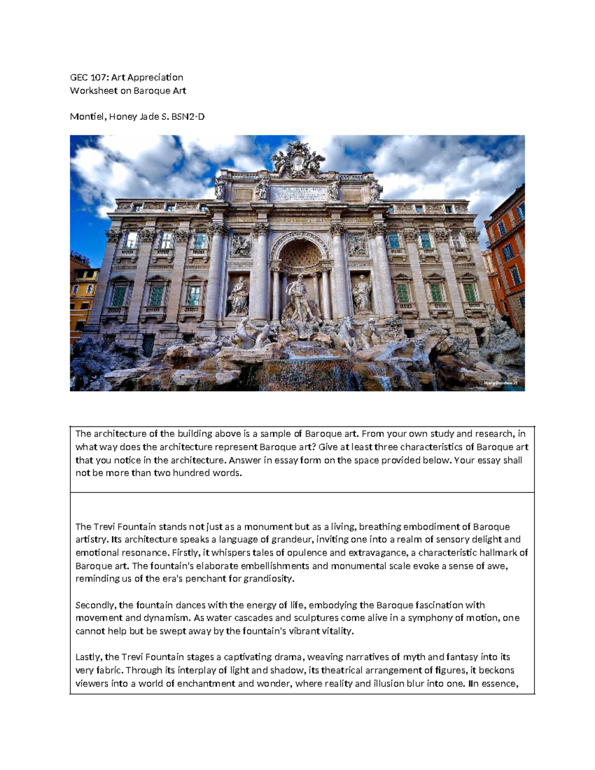 Worksheet ON Baroque ART Montiel Honey Jade - GEC 107: Art Appreciation ...