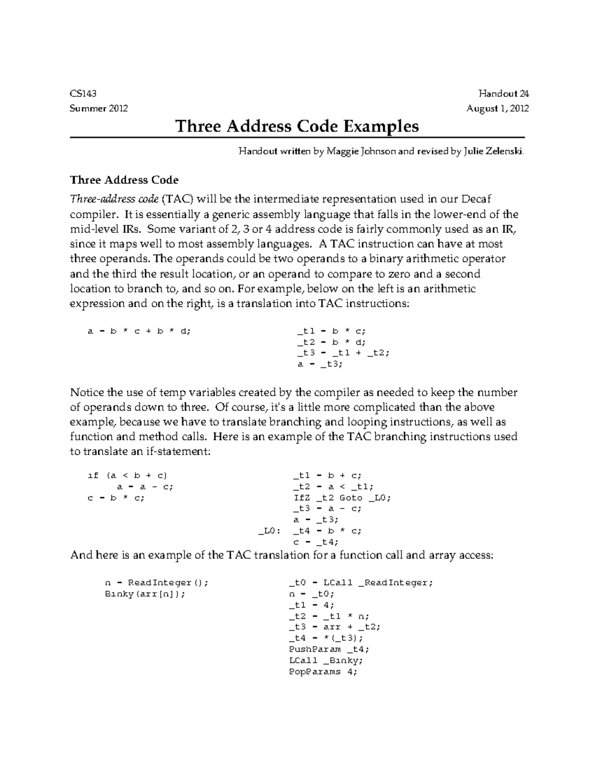 240 TAC Examples - CS143 Handout 24 Summer 2012 August 1, 2012 Three ...