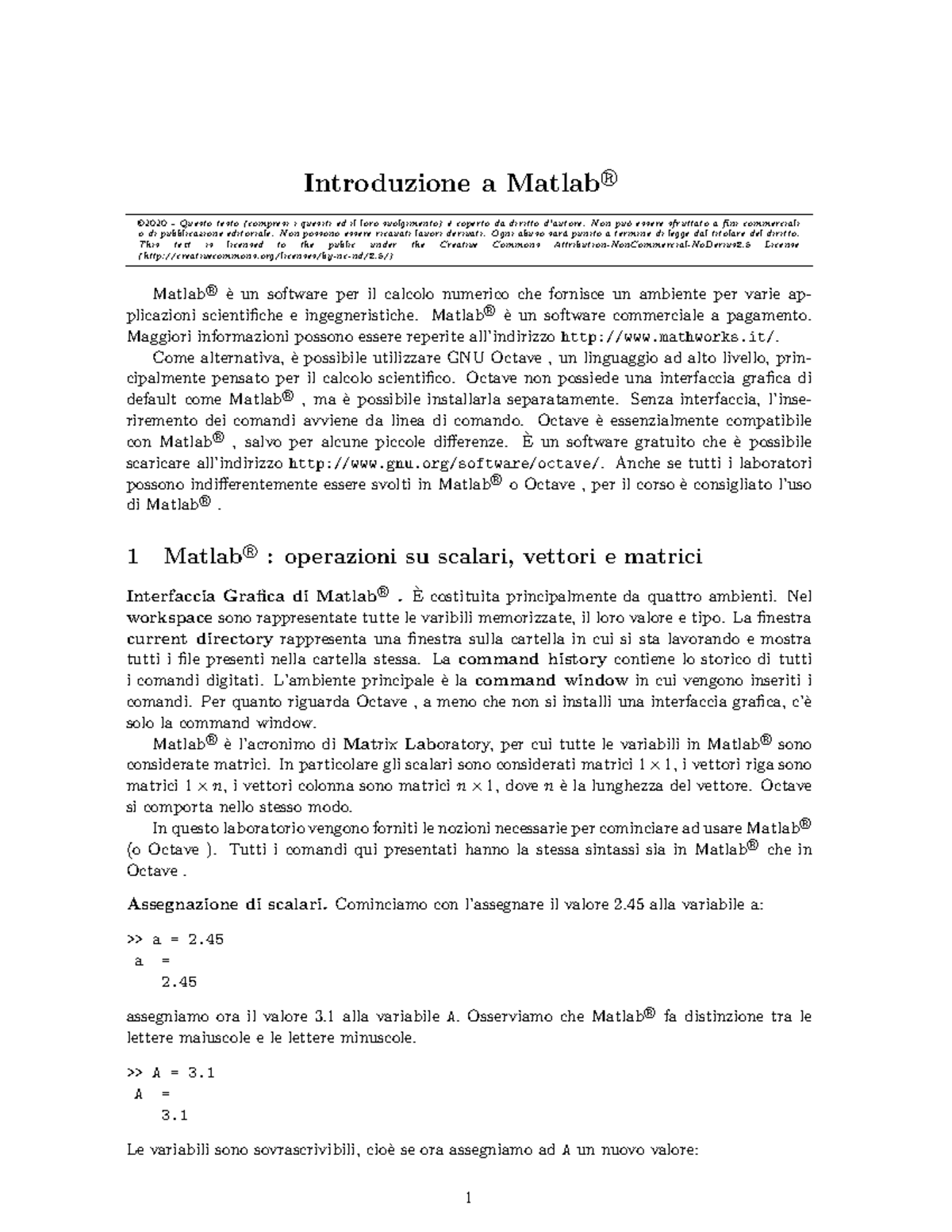 Introduzione a Matlab - Introduzione a Matlabr ©2020 - Questo testo ...