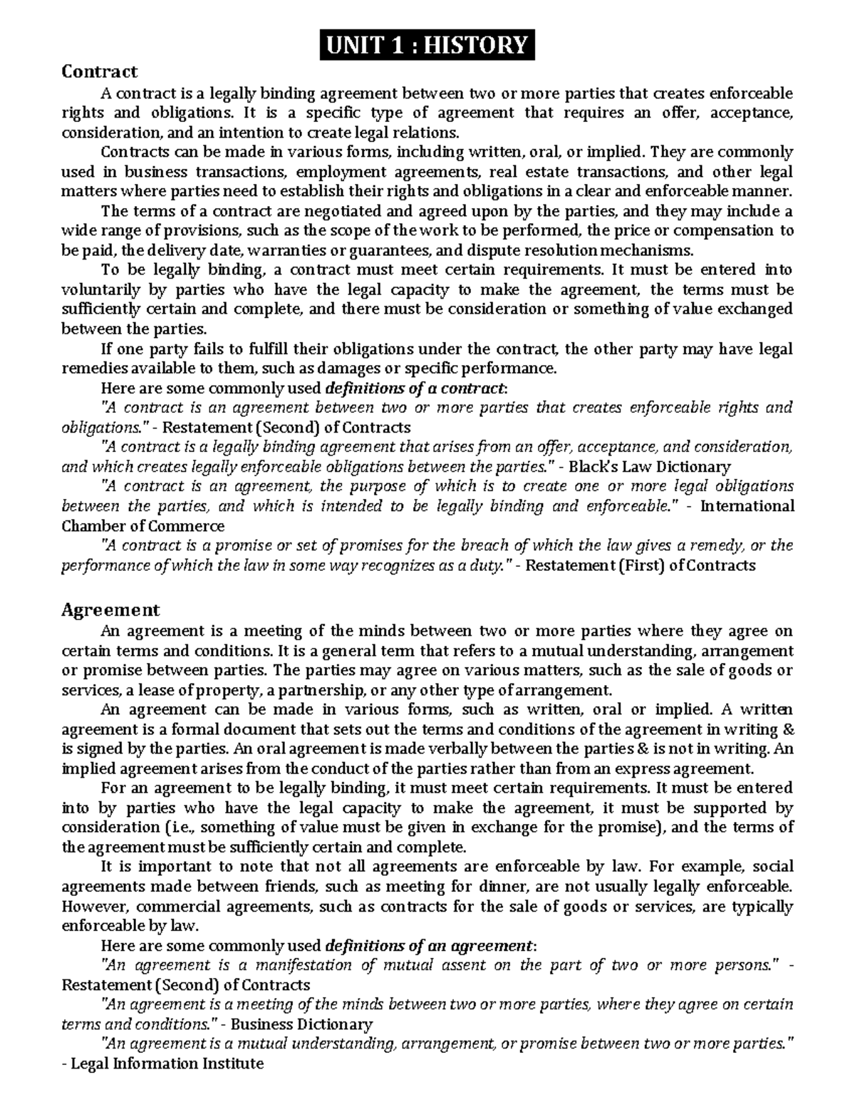 Contract Act - LLB 1st Sem. - UNIT 1 : HISTORY. Contract A contract is ...