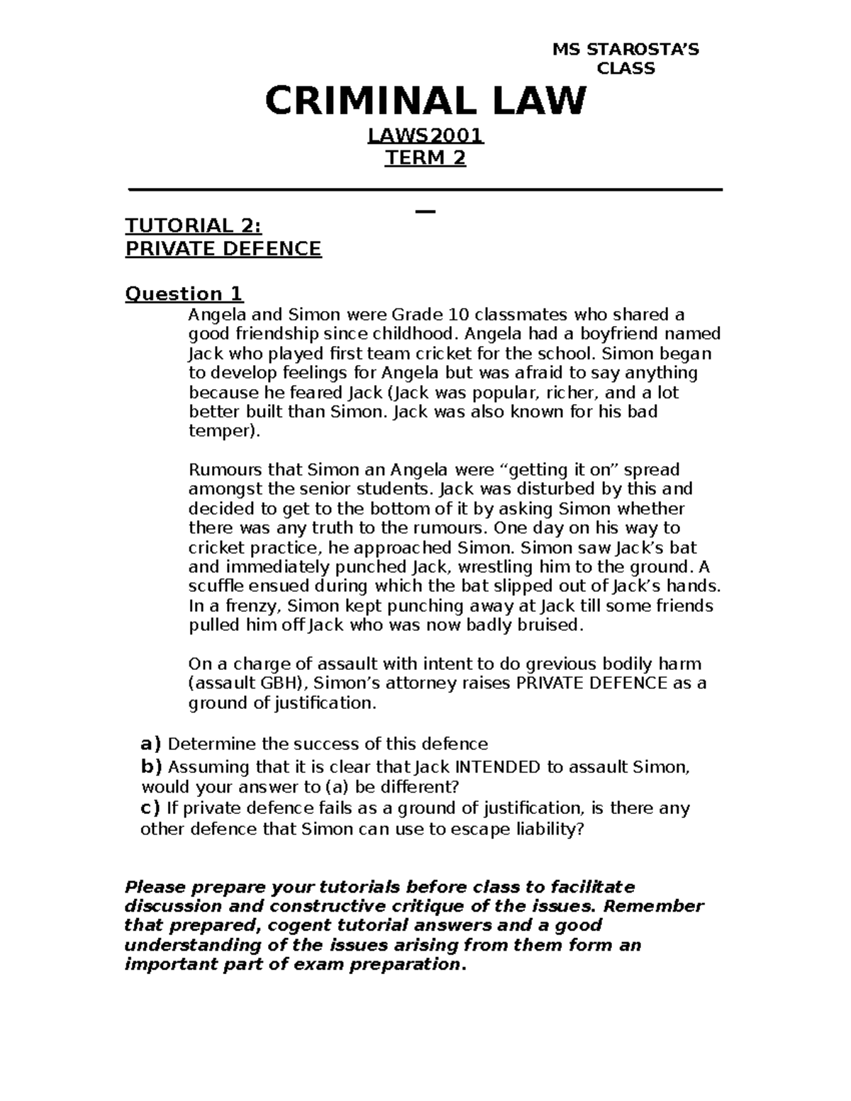 T2 Criminal LAW Tut2 Question - MS STAROSTA’S CLASS CRIMINAL LAW LAWS ...