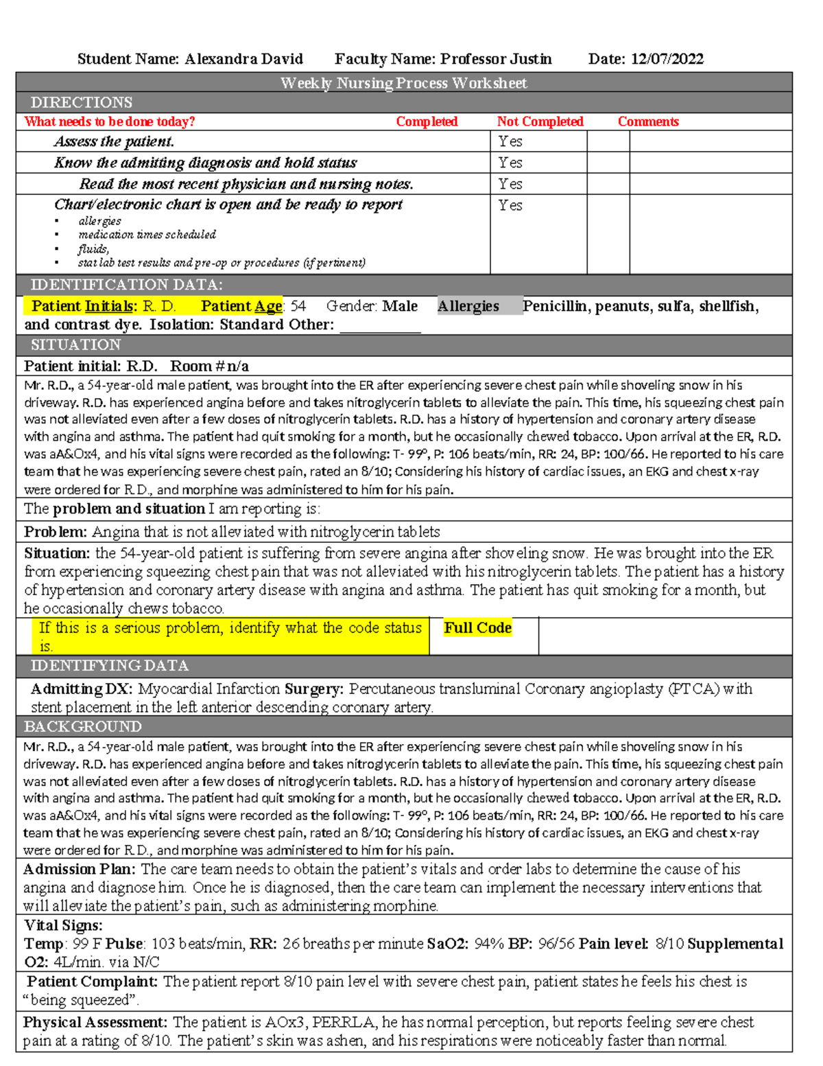 Nurs 101L- Nursing Process Worksheet 3 - Student Name: Alexandra David ...