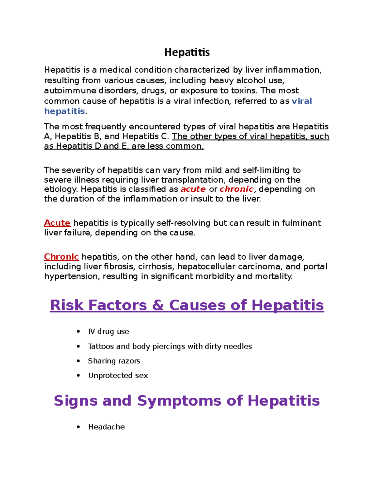 Hepatitis Notes - Hepatitis Hepatitis is a medical condition ...